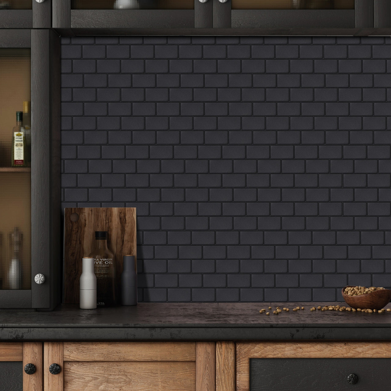 Peel & Stick Subway Vinyl Wall Tile | Black Matte with Black Grout ...